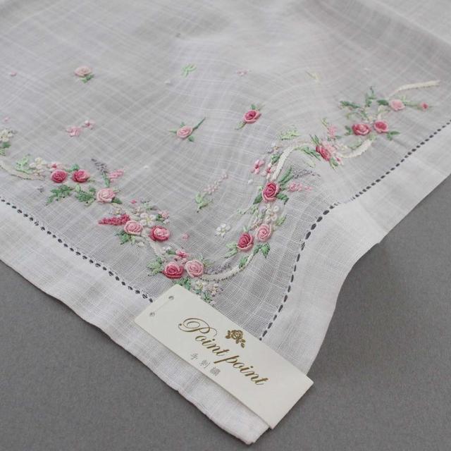 【送料無料】ベトナム手刺繍ハンカチ　花　6508　ホワイト