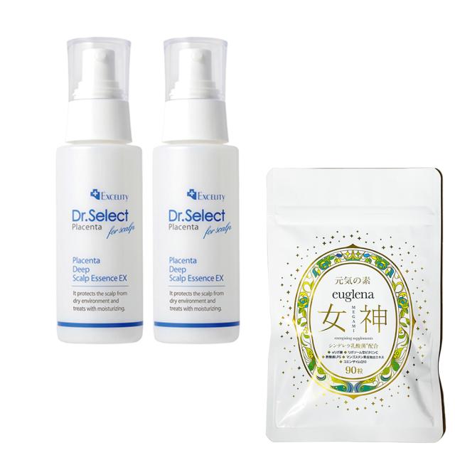 お得セットユーグレナ女神90粒＋ドクターセレクトプラセンタ ディープスカルプエッセンス EX　80ｍｌ×2個　頭皮・頭髪用美容液