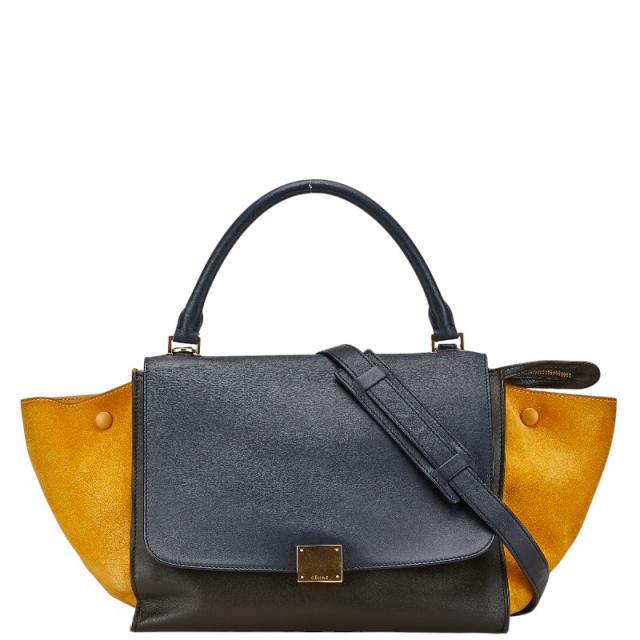 セリーヌ トラペーズ ハンドバッグ ショルダーバッグ 2WAY ブラック イエロー レザー スウェード レディース CELINE 【中古】