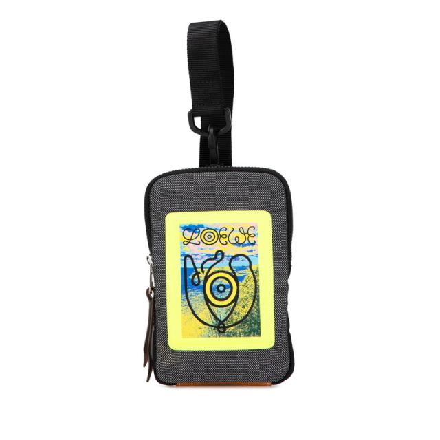 ロエベ EYE NATURE CASE アイ ネイチャー ケース ポーチ ネックポーチ グレー イエロー マルチカラー キャンバス レザー LOEWE 【中古】