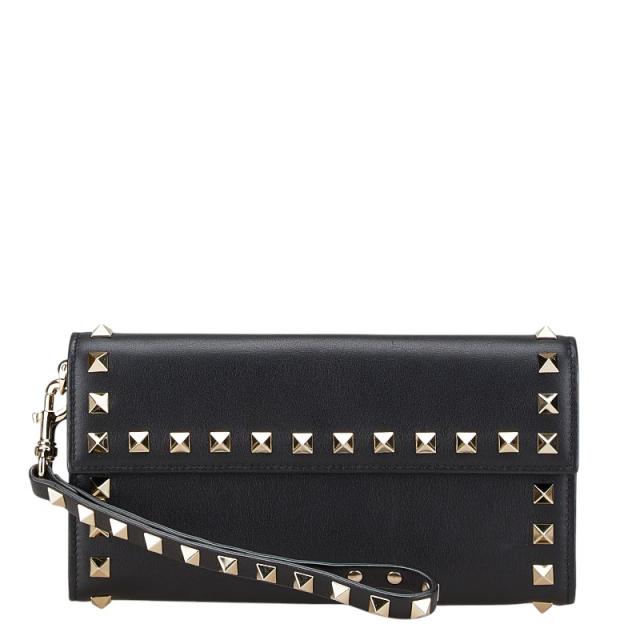 ヴァレンティノ ロックスタッズ 長財布 ブラック ゴールド レザー レディース VALENTINO 【中古】
