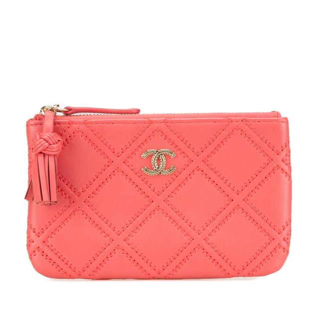 シャネル マトラッセ ダブルステッチ ココマーク タッセル ポーチ ピンク ラムスキン レディース CHANEL 【中古】