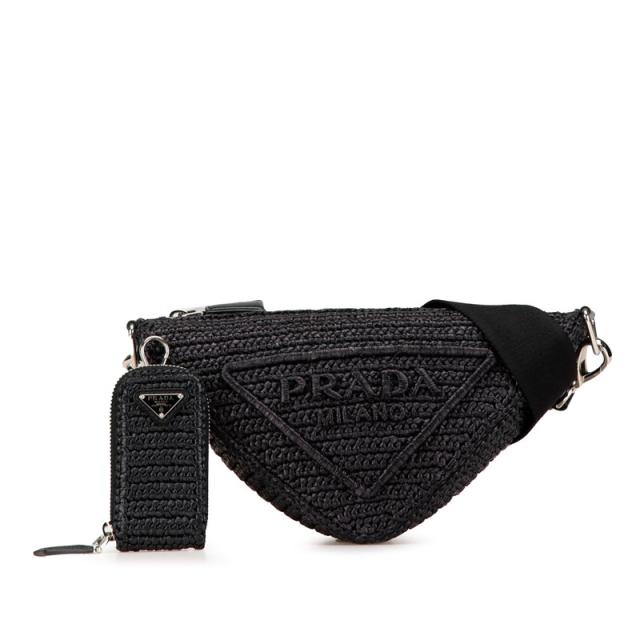 プラダ トライアングル クロシェ 斜め掛け ショルダーバッグ ブラック ラフィア レディース PRADA 【中古】