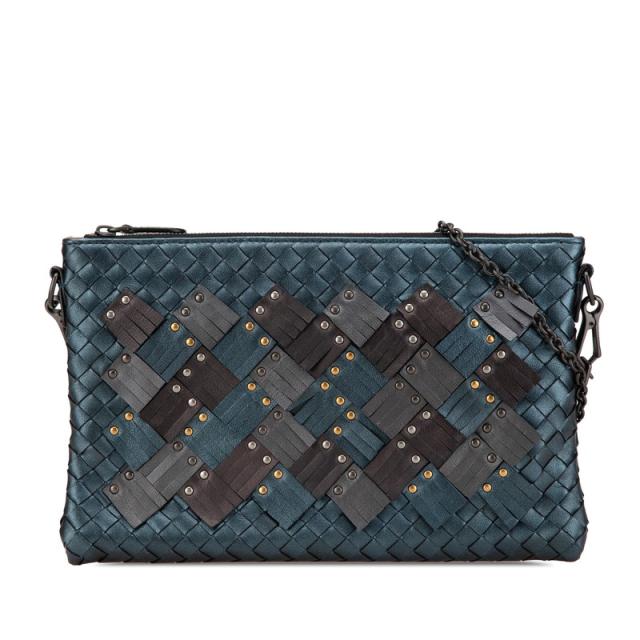 ボッテガヴェネタ イントレチャート スタッズ チェーン ショルダーバッグ ネイビー ブラウン レザー レディース BOTTEGAVENETA 【中古】