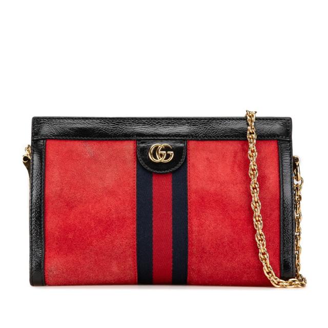 グッチ オフィディア シェリーライン チェーン 斜め掛け ショルダーバッグ 503877 レッド ブラック スウェード レザー GUCCI 【中古】