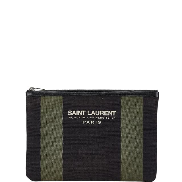 サンローラン クラッチバッグ ポーチ 414764 ブラック カーキ キャンバス レザー レディース SAINT LAURENT 【中古】