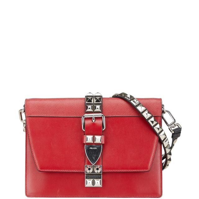 プラダ エレクトラ スタッズ 斜め掛け ショルダーバッグ  レッド レザー サフィアーノ レディース PRADA 【中古】