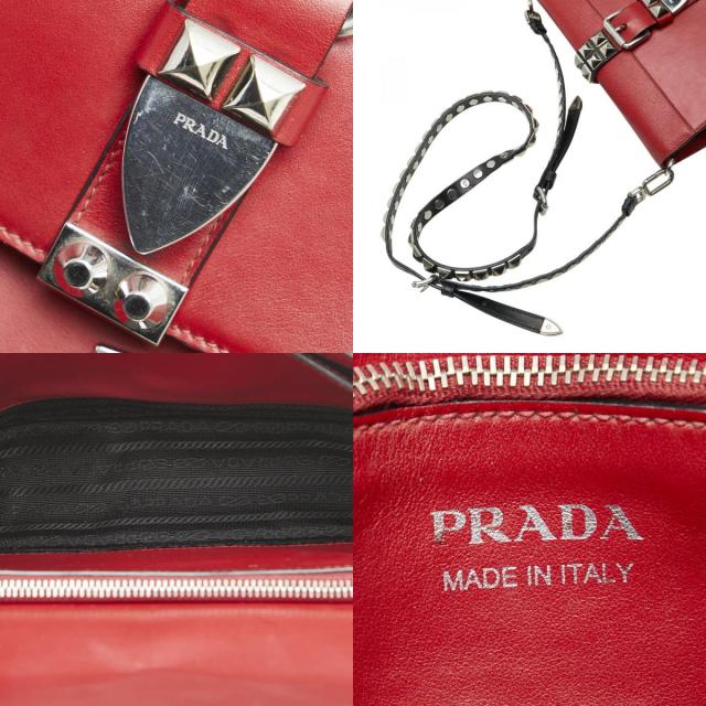 プラダ エレクトラ スタッズ 斜め掛け ショルダーバッグ レッド レザー