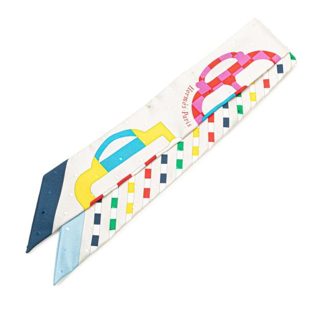 エルメス ツイリー Bouclerie moderne モダンなバックル スカーフ ライトグレー ブルー マルチカラー シルク レディース HERMES 【中古】