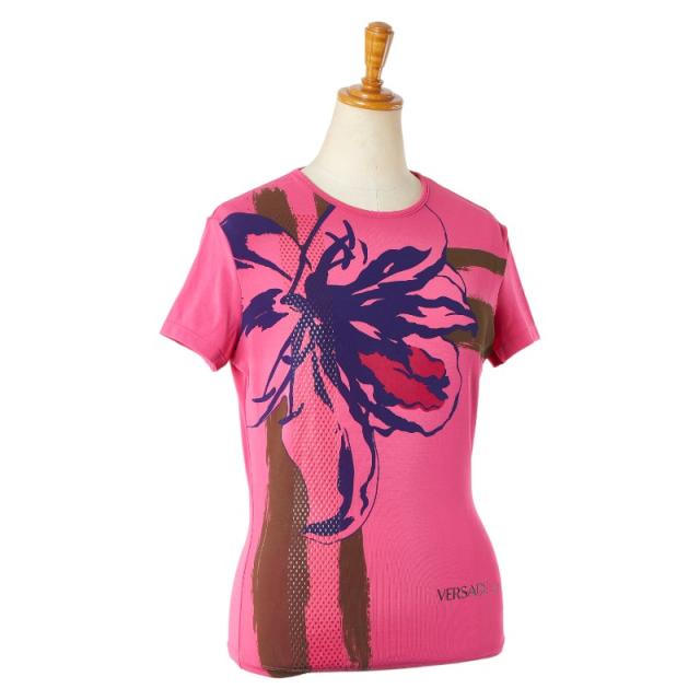 ヴェルサーチェ JEANS COUTURE ハイビスカス Ｔシャツ サイズ:S ピンク マルチカラー ポリエステル レディース VERSACE 【中古】