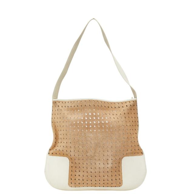 ロエベ アナグラム パンチング ワンショルダーバッグ ブラウン ホワイト レザー スエード レディース LOEWE 【中古】