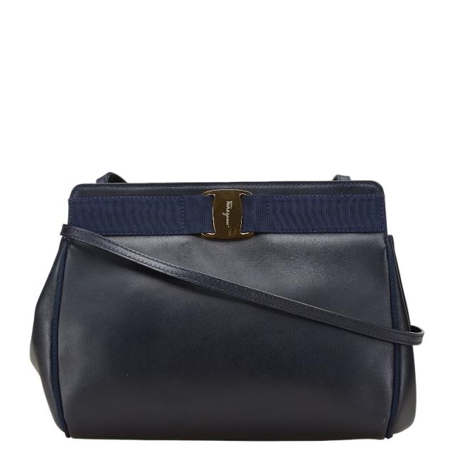 サルヴァトーレフェラガモ ヴァラリボン 斜め掛け ショルダーバッグ ネイビー レザー レディース Salvatore Ferragamo 【中古】