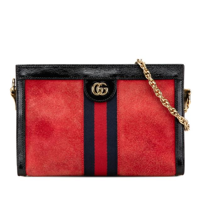 グッチ オフィディア シェリーライン チェーン 斜め掛け ショルダーバッグ 503877 レッド ブラック レザー スエード GUCCI 【中古】