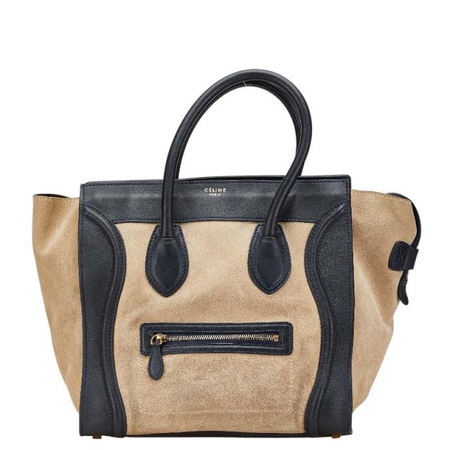 セリーヌ ラゲージ ミニ ショッパー ハンドバッグ トートバッグ ベージュ ネイビー系 スウェード レザー レディース CELINE 【中古】