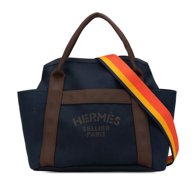 エルメス サックドパンサージュ グルーム ハンドバッグ ショルダーバッグ 2WAY ネイビー ブラウン オレンジ キャンバス HERMES 【中古】