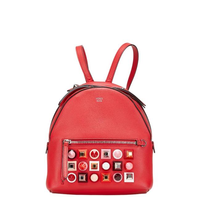 フェンディ スタッズ チェーン リュック バックパック 8BZ038 レッド レザー レディース FENDI 【中古】