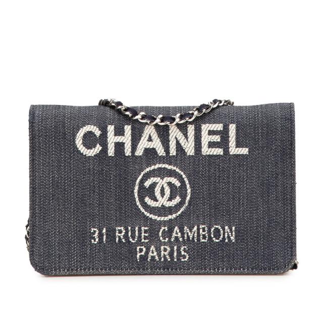 シャネル ドーヴィル チェーンウォレット A80795 ネイビー ホワイト デニム レザー レディース CHANEL 【中古】