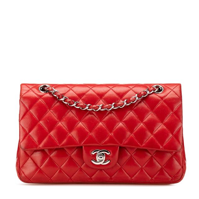 シャネル ココマーク マトラッセ25 ダブルフラップ チェーンショルダーバッグ レッド ラムスキン レディース CHANEL 【中古】