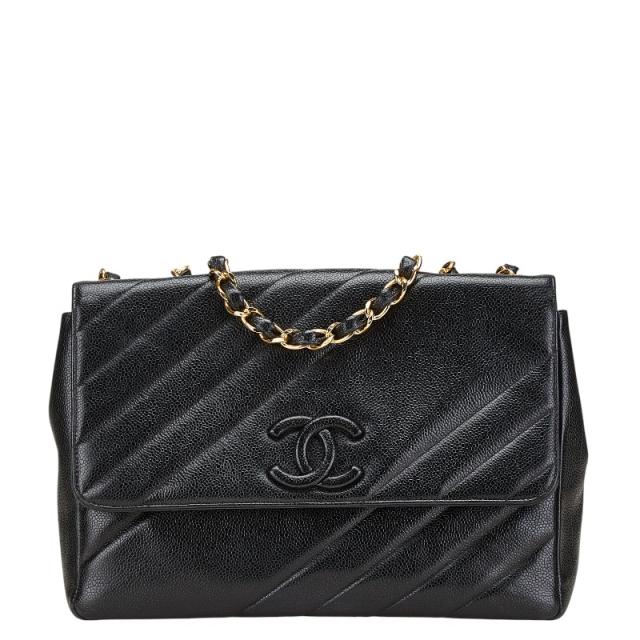シャネル ココマーク バイアスステッチ チェーン ショルダーバッグ ブラック キャビアスキン レディース CHANEL 【中古】
