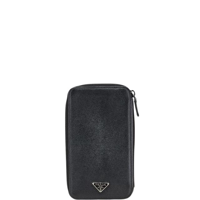 プラダ 三角ロゴプレート ラウンドファスナー 長財布 オーガナイザー ブラック サフィアーノレザー レディース PRADA 【中古】
