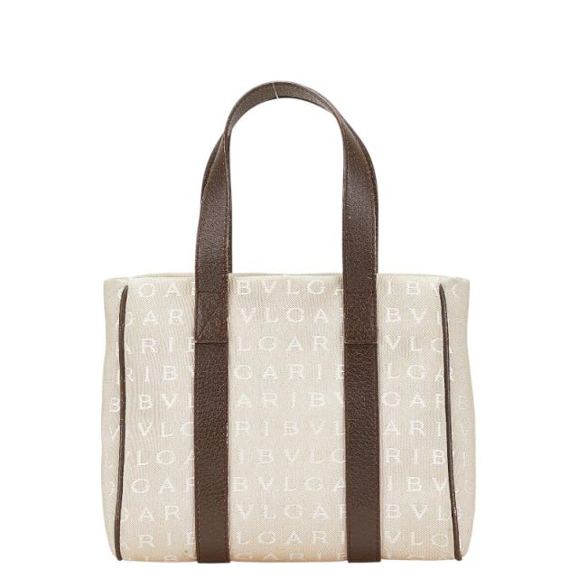 ブルガリ ロゴマニア ハンドバッグ ミニトートバッグ ベージュ ブラウン キャンバス レザー レディース BVLGARI 【中古】