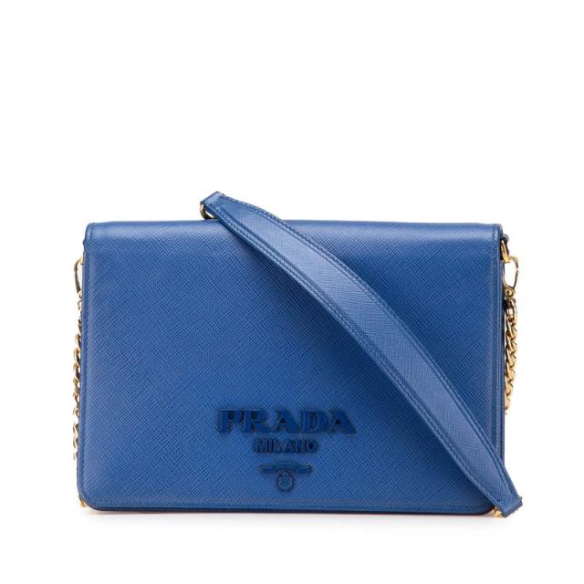 プラダ チェーン ショルダーウォレットバッグ 1BP012 ブルー サフィアーノレザー レディース PRADA 【中古】