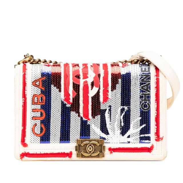 シャネル ボーイシャネル ココマーク CUBA チェーン ショルダーバッグ ホワイト レッド マルチカラー ラムスキン CHANEL 【中古】