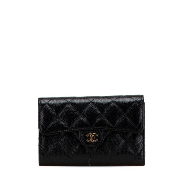 シャネル マトラッセ ココマーク 三つ折り財布 AP0232 ブラック キャビアスキン レディース CHANEL 【中古】
