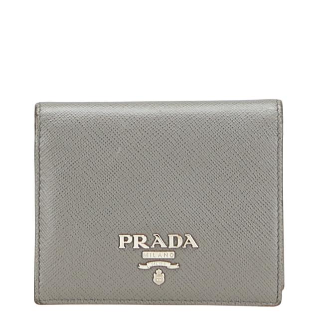プラダ ロゴ 二つ折り財布 グレー レザー レディース PRADA 【中古】