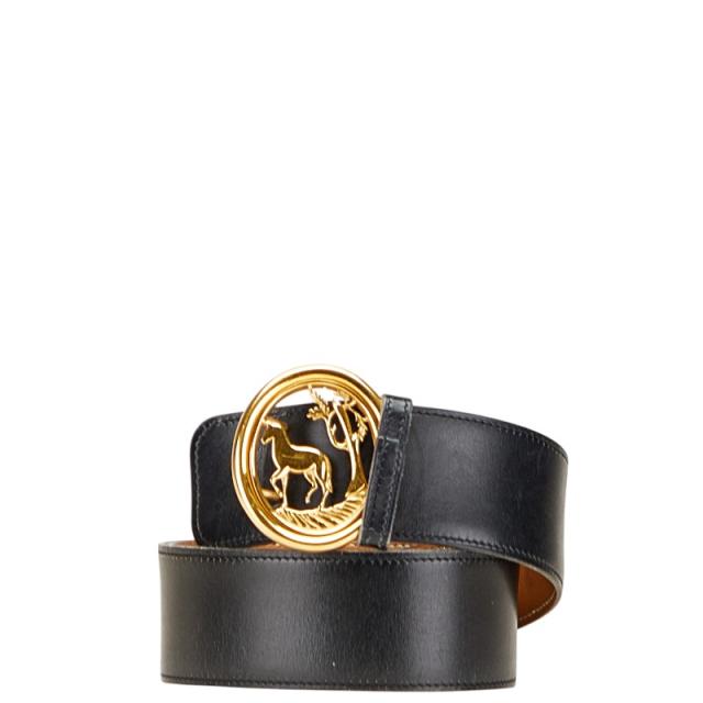 エルメス ホースバックル ベルト サイズ：80 ブラック ブラウン レザー レディース HERMES 【中古】