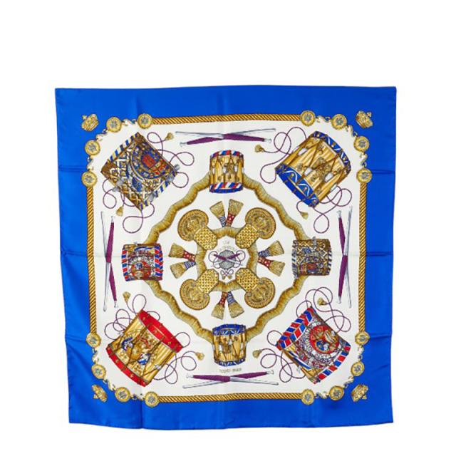 エルメス カレ90 タンブールの太鼓 LES TAMBOURS スカーフ ブルー ホワイト マルチカラー シルク レディース HERMES 【中古】