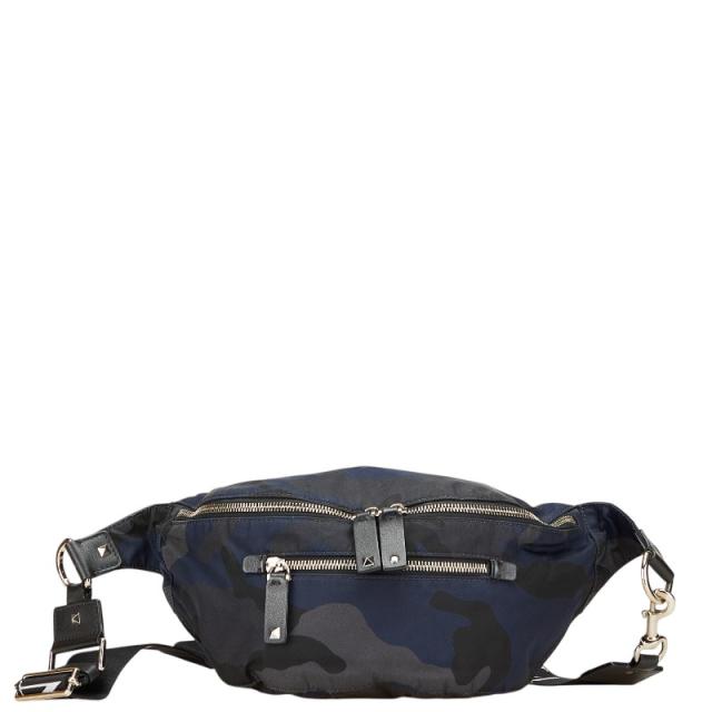 ヴァレンチノ ロックスタッズ カモフラ 迷彩 ウエストバッグ ボディバッグ ネイビー ブラック グレー ナイロン レザー Valentino 【中古】