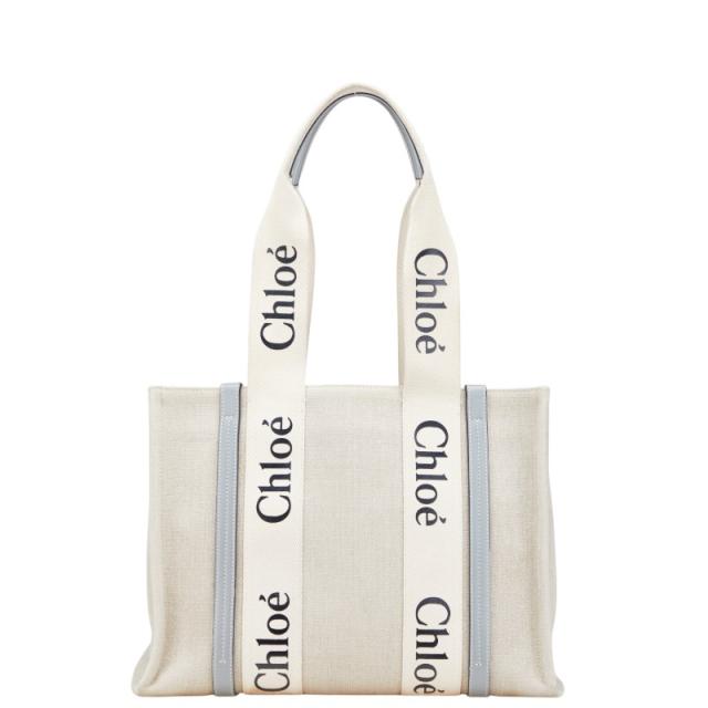クロエ ウッディ ミディアム トートバッグ ショルダーバッグ ベージュ ブルー キャンバス レザー レディース Chloe 【中古】