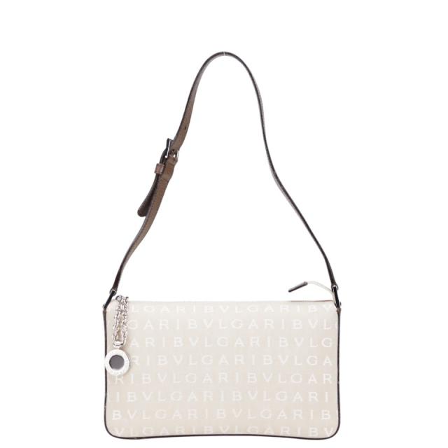 ブルガリ ロゴマニア ワンショルダーバッグ ハンドバッグ ベージュ ブラウン キャンバス レザー レディース BVLGARI 【中古】