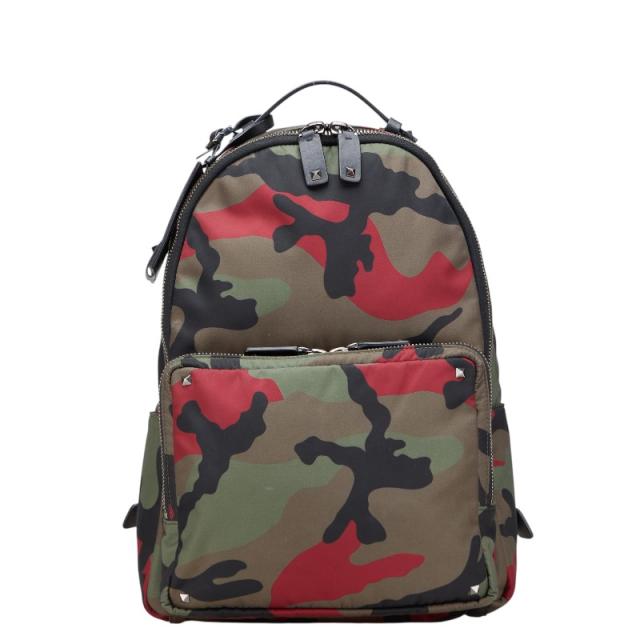 ヴァレンティノ スタッズ カモフラージュ 迷彩 リュック バックパック カーキ レッド マルチカラー ナイロン レザー VALENTINO 【中古】
