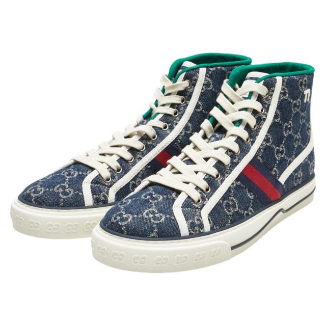 グッチ GGキャンバス TENNIS 1977 ハイカットスニーカー サイズ:8+ ネイビー グリーン キャンバス メンズ GUCCI 【中古】