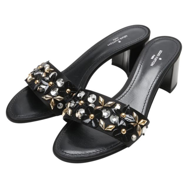 ルイ ヴィトン ビジュー 花 フラワー モチーフ サンダル サイズ：36 1/2 ブラック パテントレザー サテン LOUIS VUITTON 【中古】