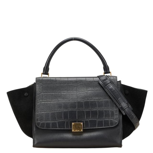 セリーヌ トラペーズ クロコ型押 ハンドバッグ ショルダーバッグ 2WAY ブラック レザー レディース CELINE 【中古】