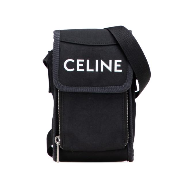 セリーヌ トレッキング モバイルポーチ 斜め掛け ミニショルダーバッグ ブラック キャンバス レディース CELINE 【中古】