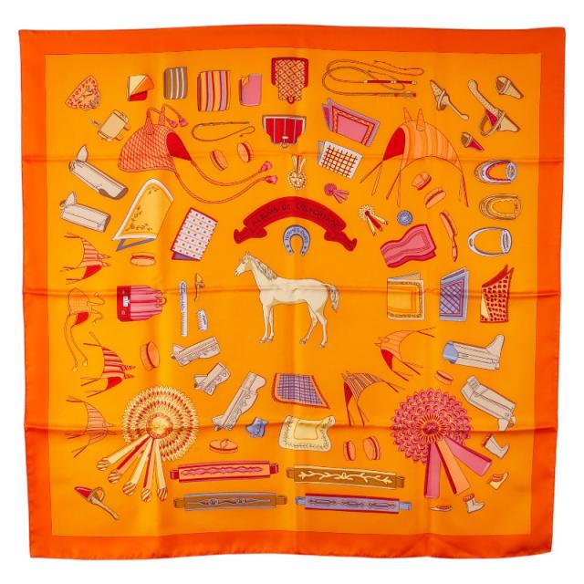 エルメス カレ90 本の行商 ALBUMS DE COLPORTAGE スカーフ オレンジ シルク レディース HERMES 【中古】