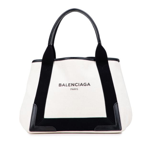 バレンシアガ ネイビーカバS ハンドバッグ トートバッグ 339933 アイボリー ブラック キャンバス レザー レディース BALENCIAGA 【中古】