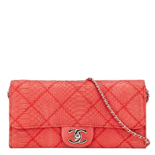 シャネル ココマーク ウルトラステッチ パイソン チェーン ワンショルダーバッグ レッド シルバー レザー レディース CHANEL 【中古】