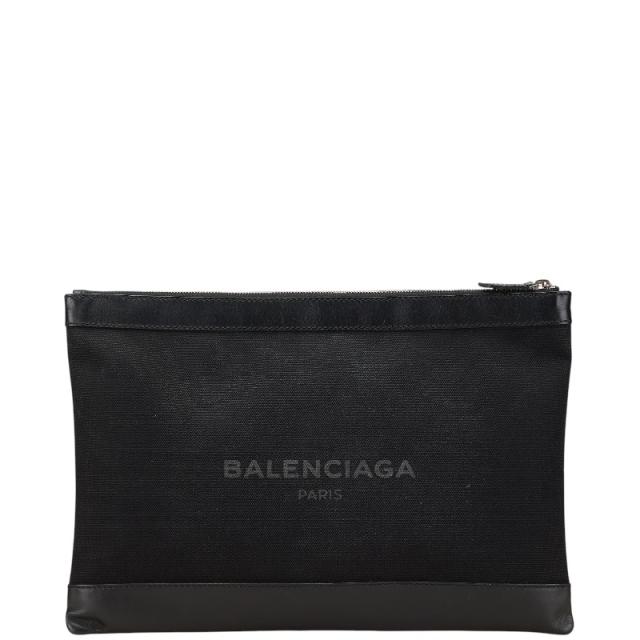 バレンシアガ ネイビー クリップ L クラッチバッグ 373840 ブラック キャンバス レザー レディース BALENCIAGA 【中古】