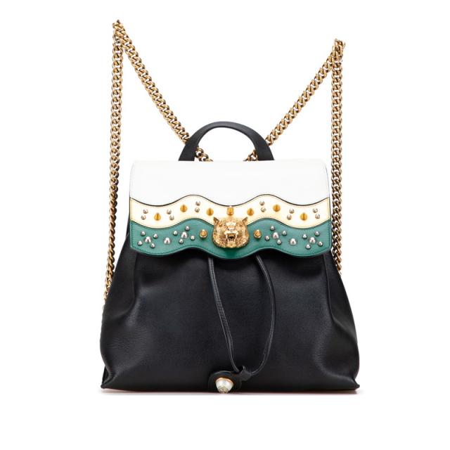 グッチ アニマリエ タイガーヘッド チェーン リュック バックパック 432266 ブラック グリーン ホワイト レザー GUCCI 【中古】