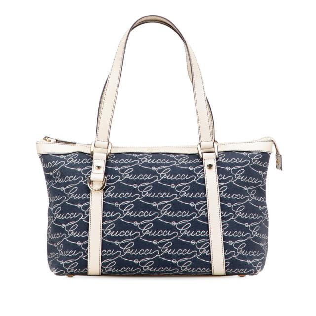 グッチ アビー ロゴ トートバッグ 141470 ネイビー ベージュ キャンバス レザー レディース GUCCI 【中古】