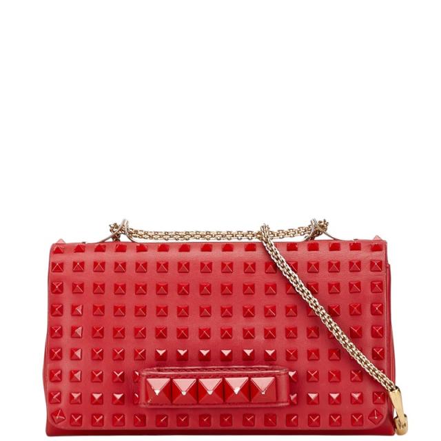ヴァレンティノ スタッズ チェーン ショルダーバッグ レッド レザー レディース VALENTINO 【中古】