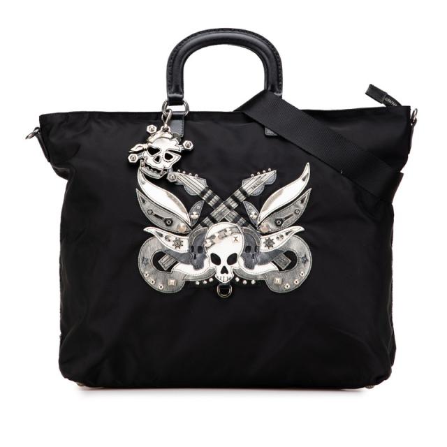 プラダ スカル スタッズ ショルダーバッグ ハンドバッグ 2WAY VA889C ブラック ナイロン レザー レディース PRADA 【中古】