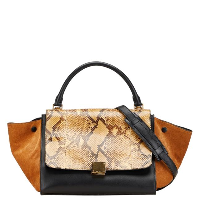 セリーヌ トラペーズ パイソン ショルダーバッグ ハンドバッグ 2WAY ブラック ブラウン レザー レディース CELINE 【中古】