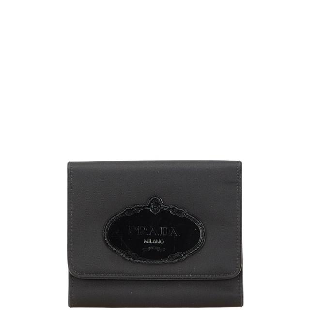 プラダ ロゴ 三つ折り財布 ブラック ナイロン レザー レディース PRADA 【中古】