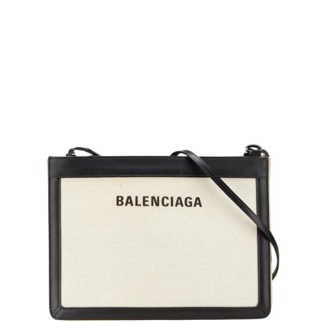 バレンシアガ ネイビー ポシェット ショルダーバッグ 339937 ベージュ ブラック キャンバス レザー レディース BALENCIAGA 【中古】